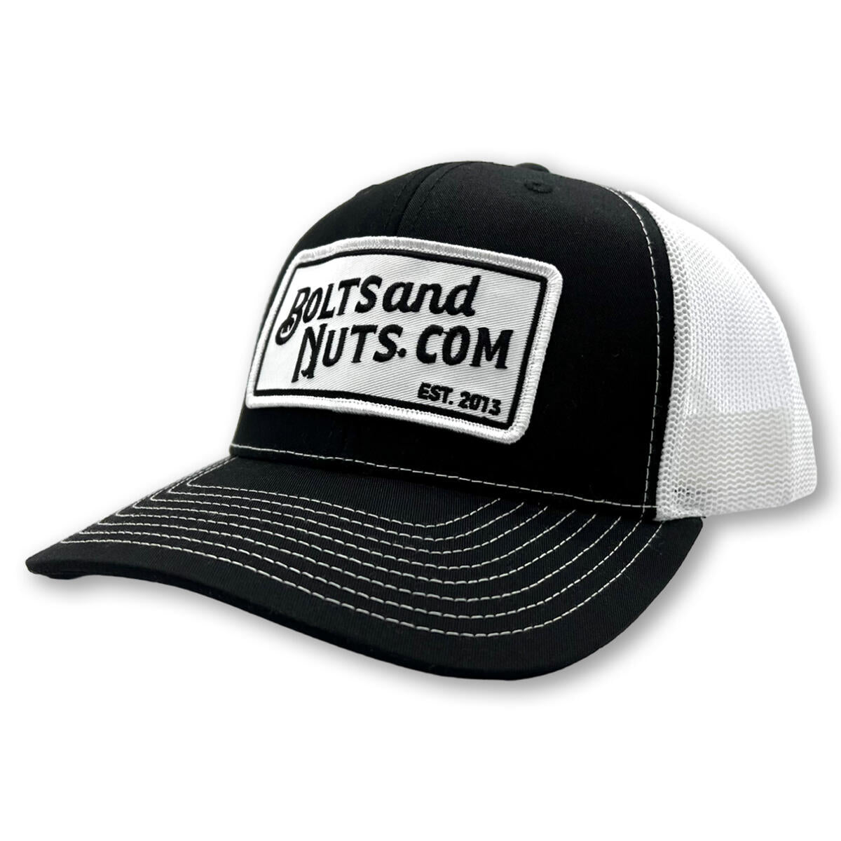 Black & White BoltsandNuts.com Adjustable White Patch Logo Hat